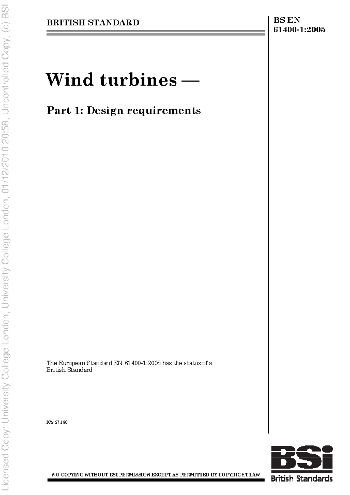 BS EN 61400-1 2005 Design Requirements - BRITISH STANDARD BS EN 61400-1 ...