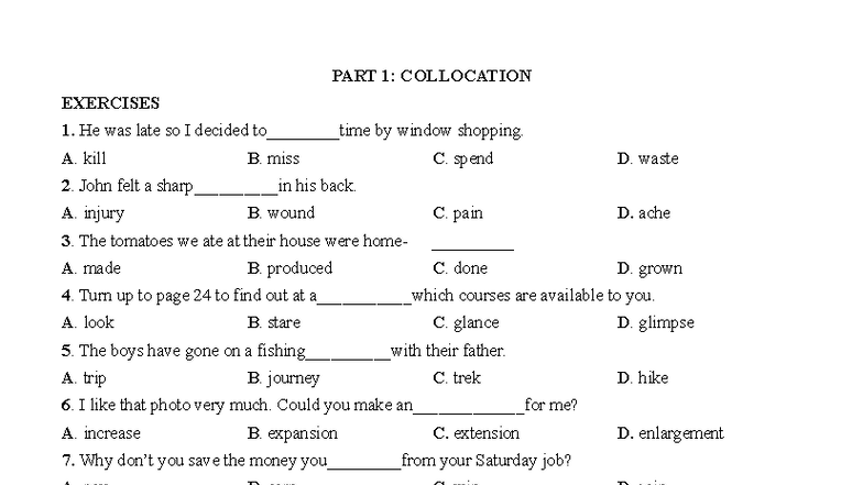245 Collocation Exercises with Answers and Detailed Explanations - PART ...