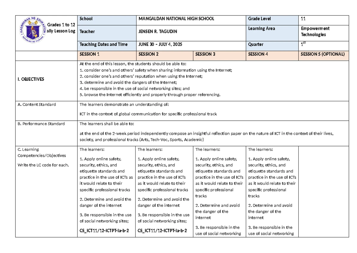 Etech- Grade 11 Empowerment Tech Daily Lesson Log (DLL) - Studocu