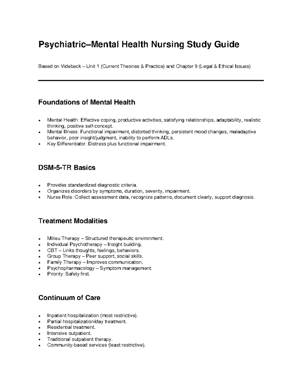 Psychiatric Mental Health Nursing Study Guide: Unit 1 & Chapter 9 - Studocu