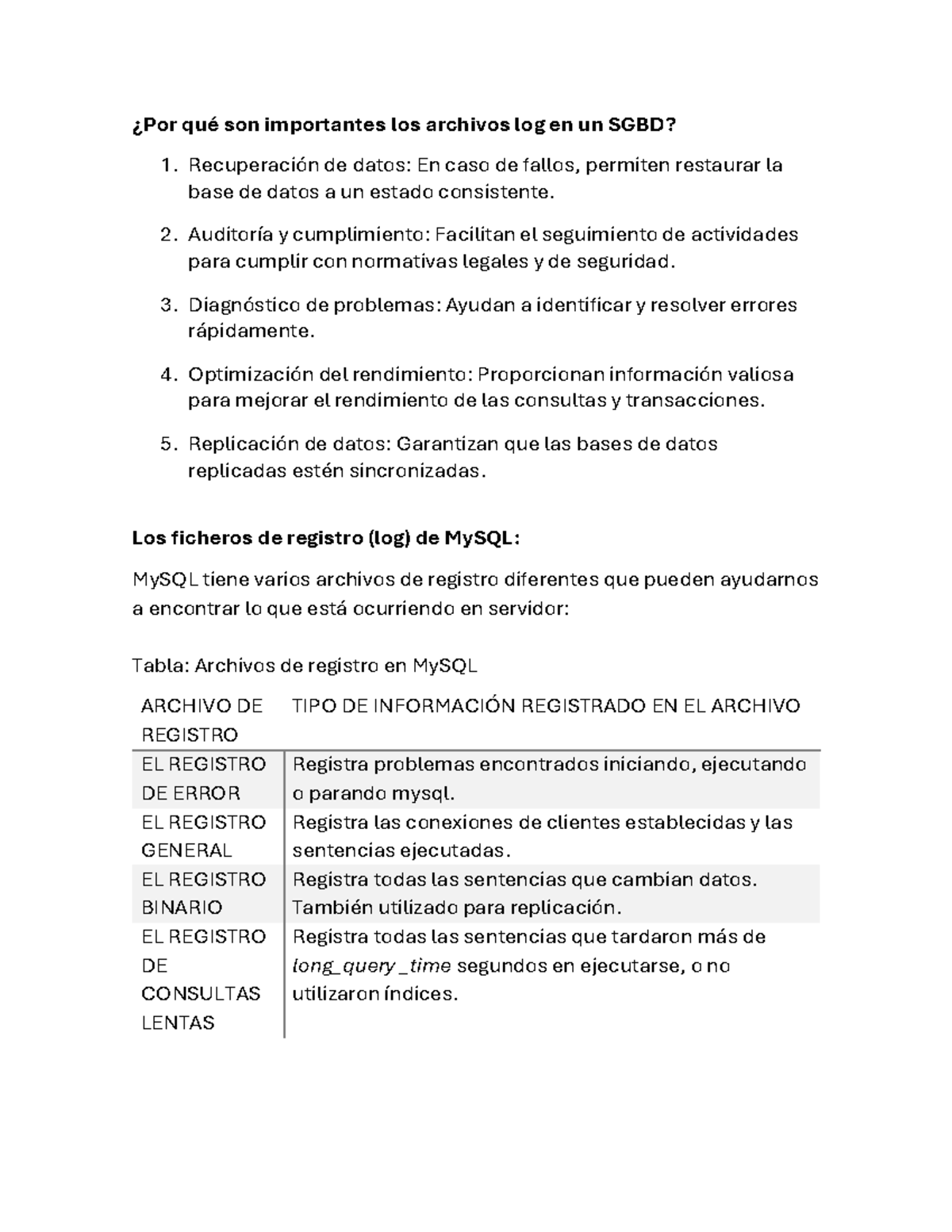 Importancia de los Archivos Log en SGBD: MySQL y su Uso - Studocu