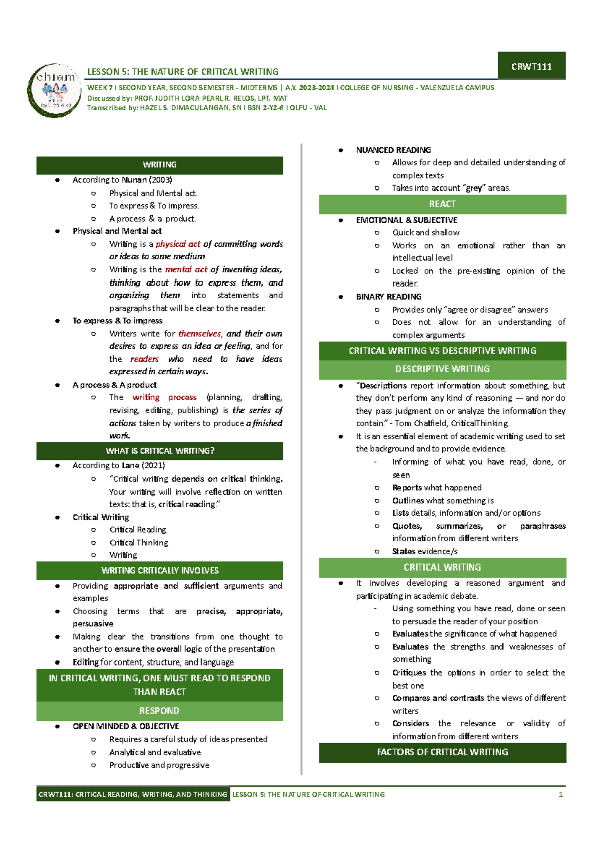 Midterm Exam CRWT111: The Nature of Critical Writing - Studocu