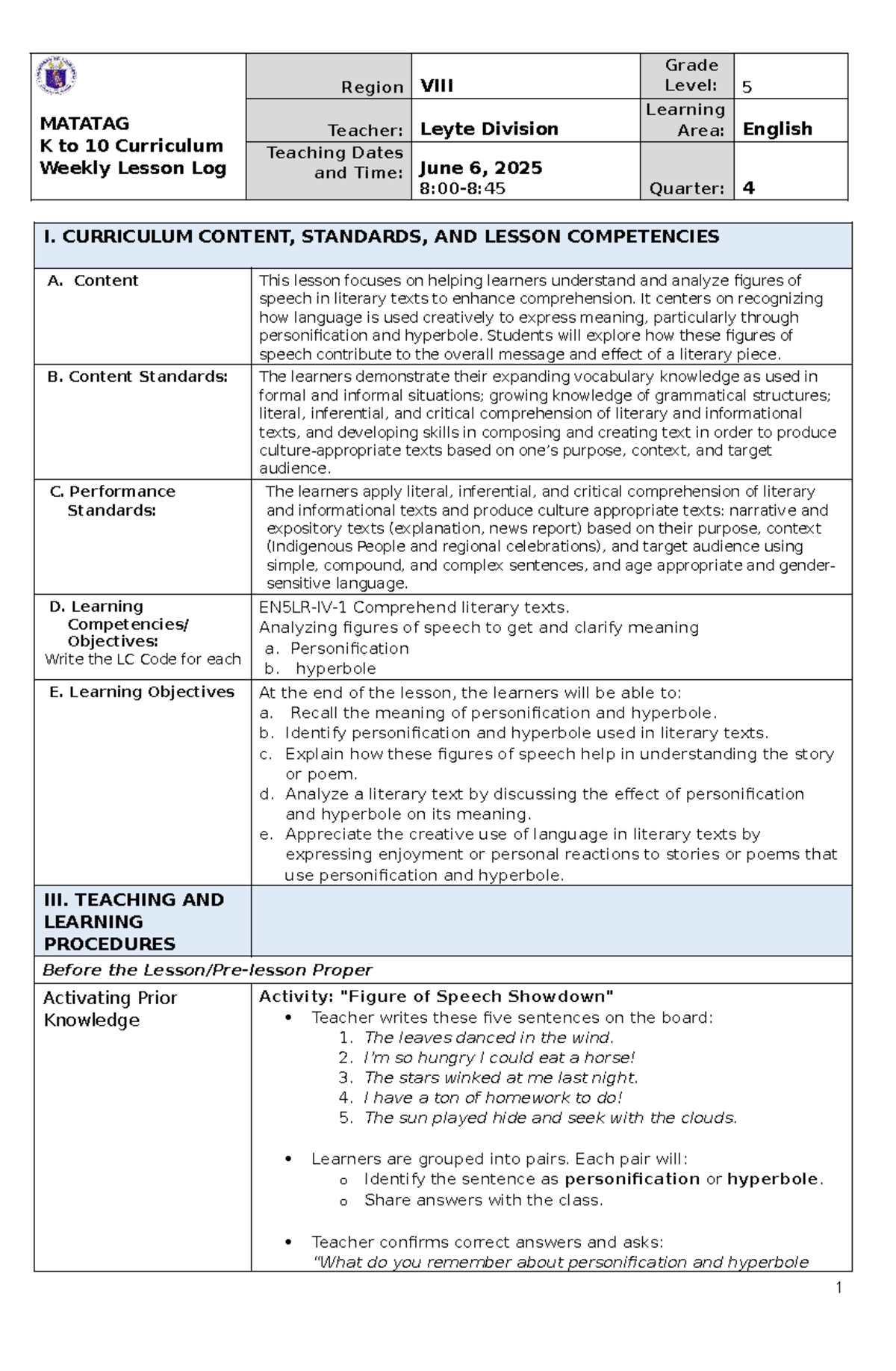 Sample Lesson Plan for Grade 5 English: Figures of Speech ...