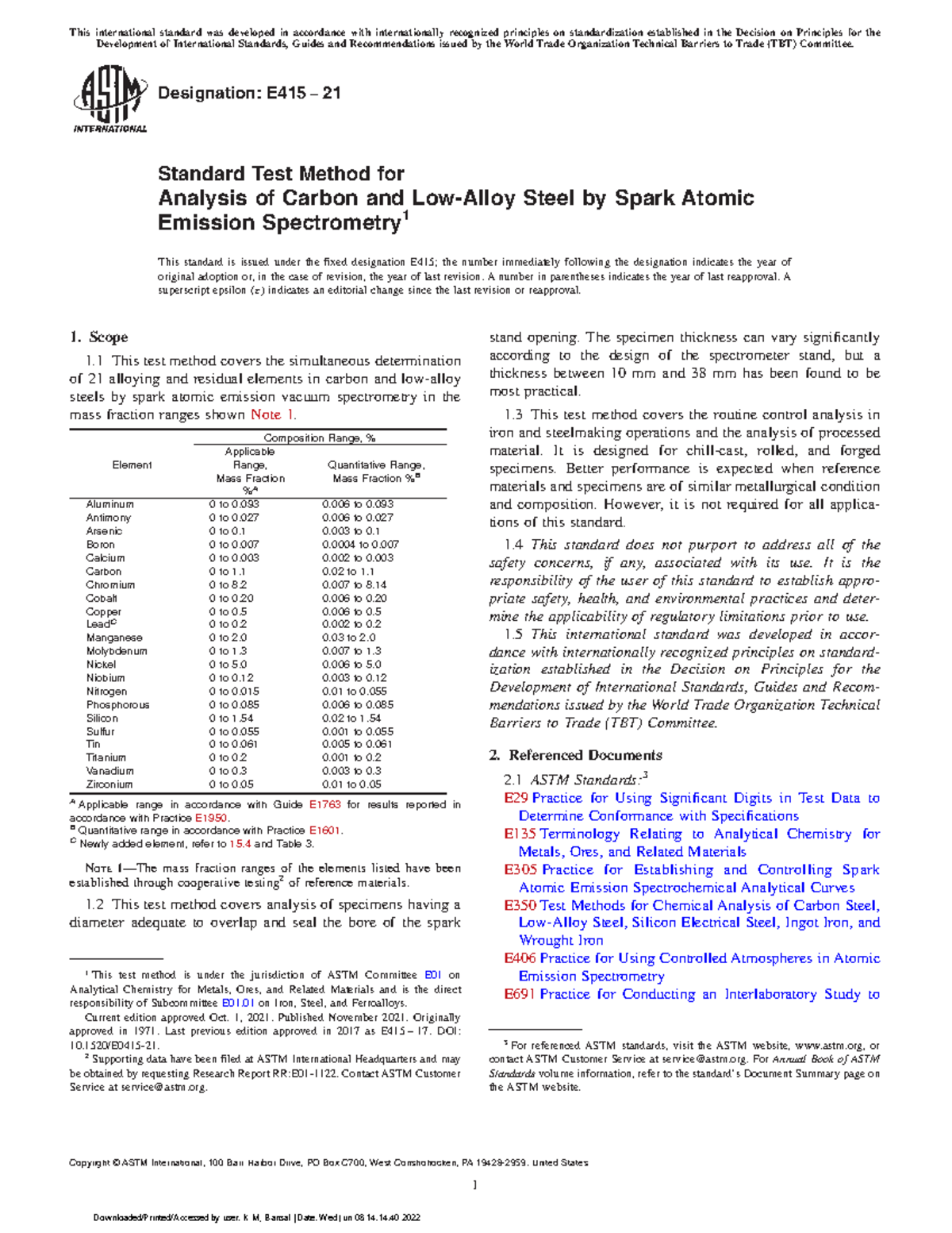 ASTM E415-21 Standard Method for Analyzing Low-Alloy Steel - Studocu