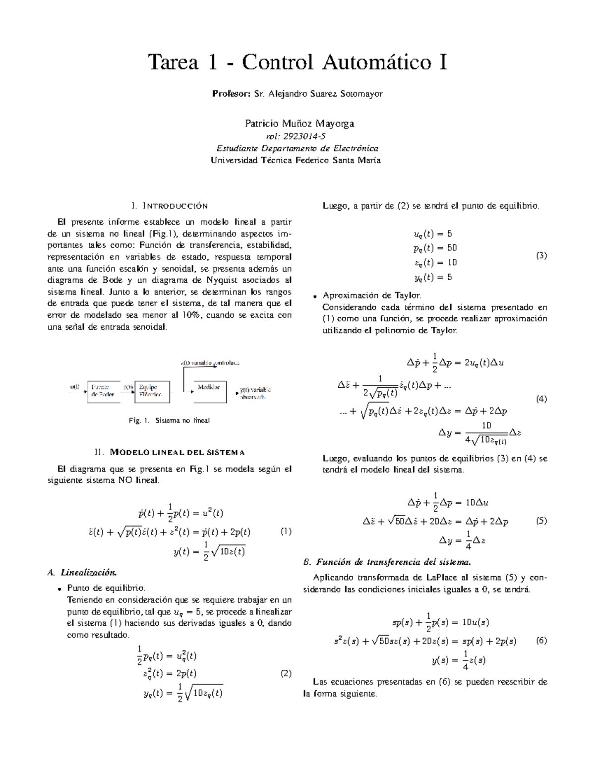 Tarea 1 Control I - Modelo Lineal y Estabilidad del Sistema (ELO270) - Studocu