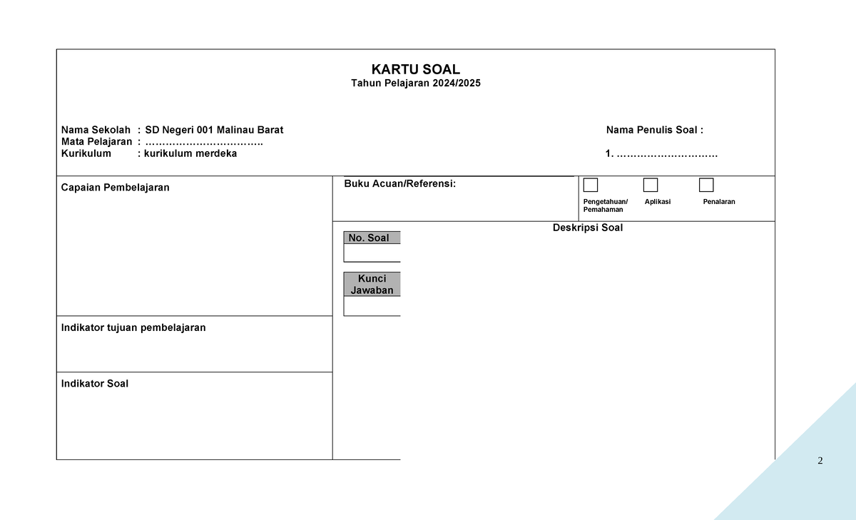 Format Kartu Soal - academic writting - 2 KARTU SOAL Tahun Pelajaran ...
