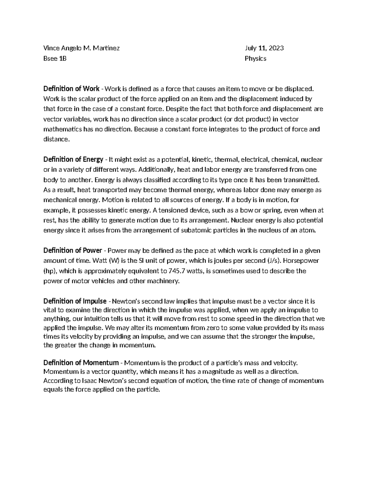 Physics 1B Lecture Notes: Work, Energy, Power, Impulse & Momentum - Studocu