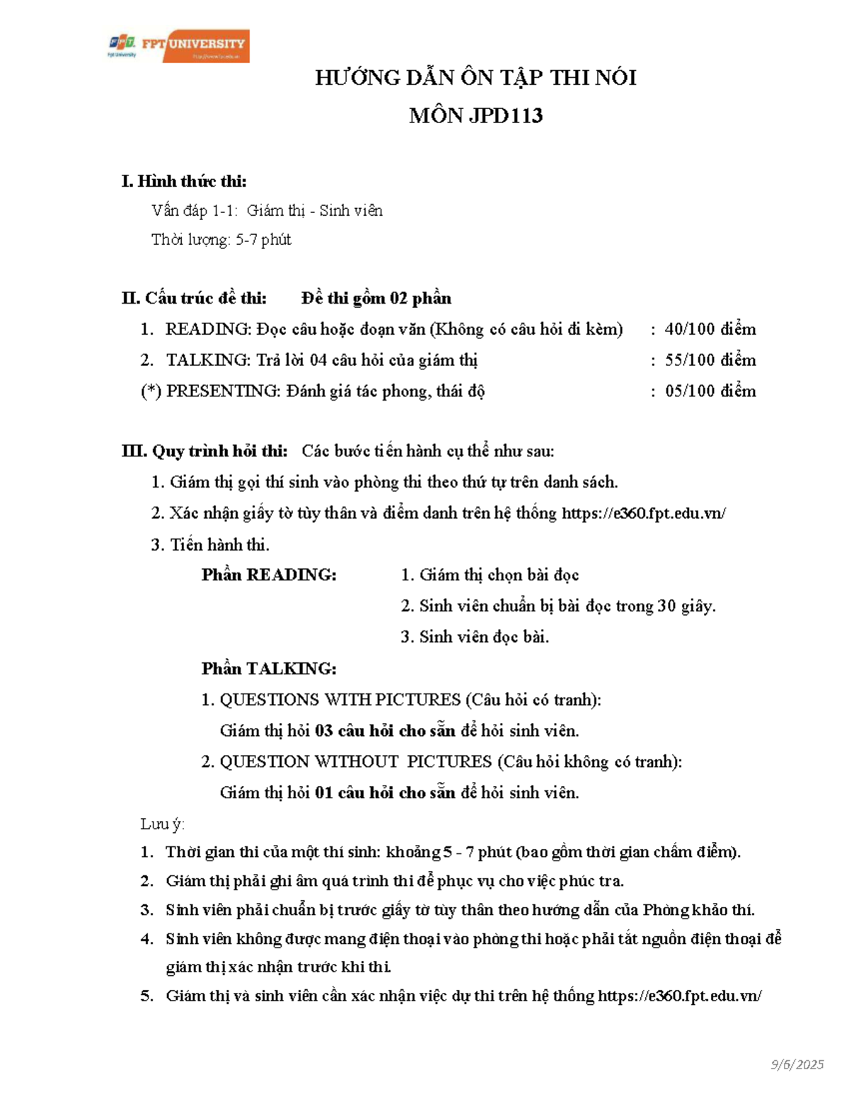 HƯỚNG DẪN ÔN TẬP THI NÓI MÔN JPD113 - Vấn đáp và Cấu trúc Đề thi - Studocu