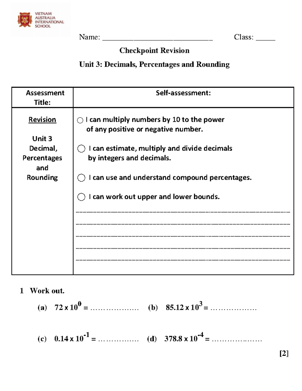 Unit 3 Checkpoint Revision: Decimals, Percentages & Rounding - Studocu