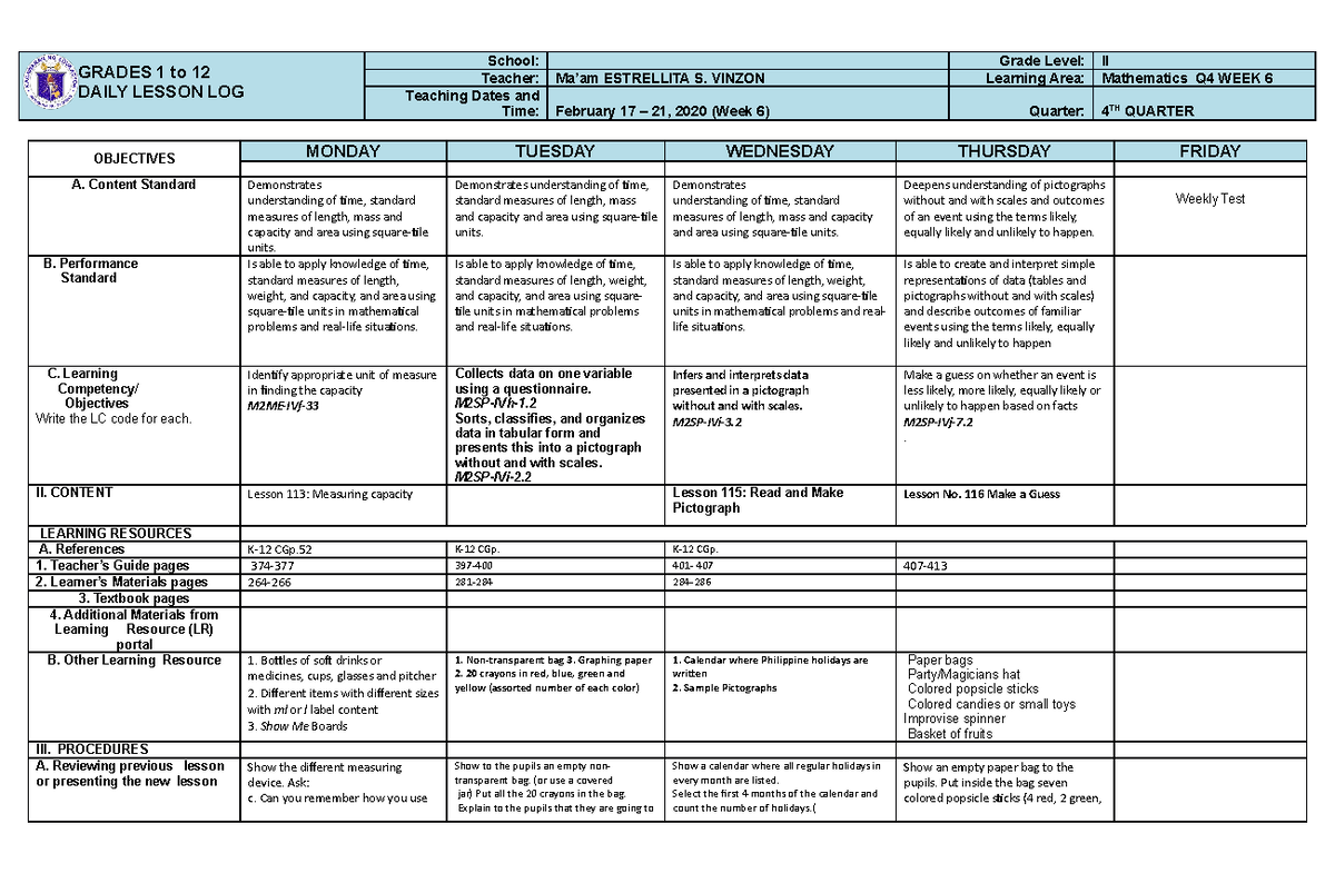 Mathematics-2 Daily Lesson Log Q4-W6: Measuring Capacity & Data - Studocu