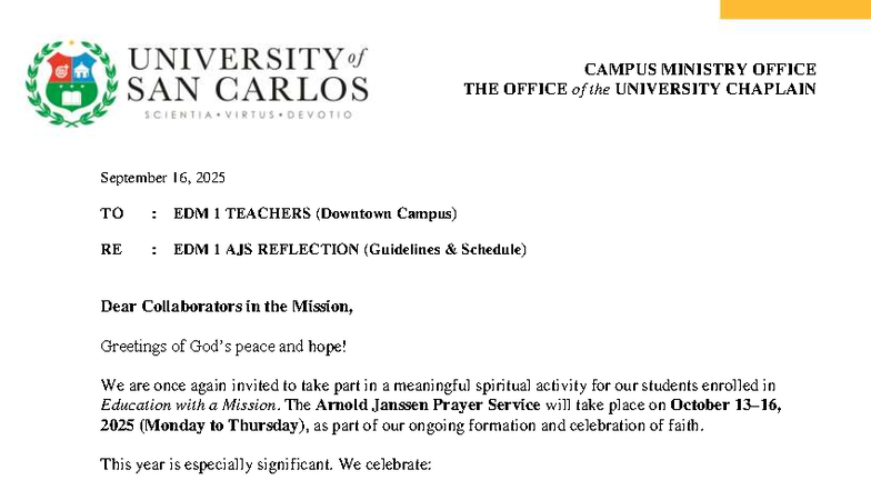 Arnold Janssen Prayer Service Guidelines for EDM 1 Teachers - Studocu