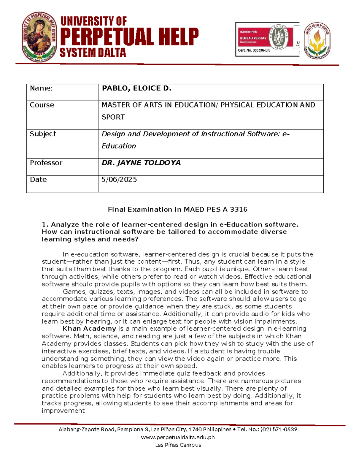 Final Exam in MAED PES A 3316: Design & Development of Instructional Software - Studocu