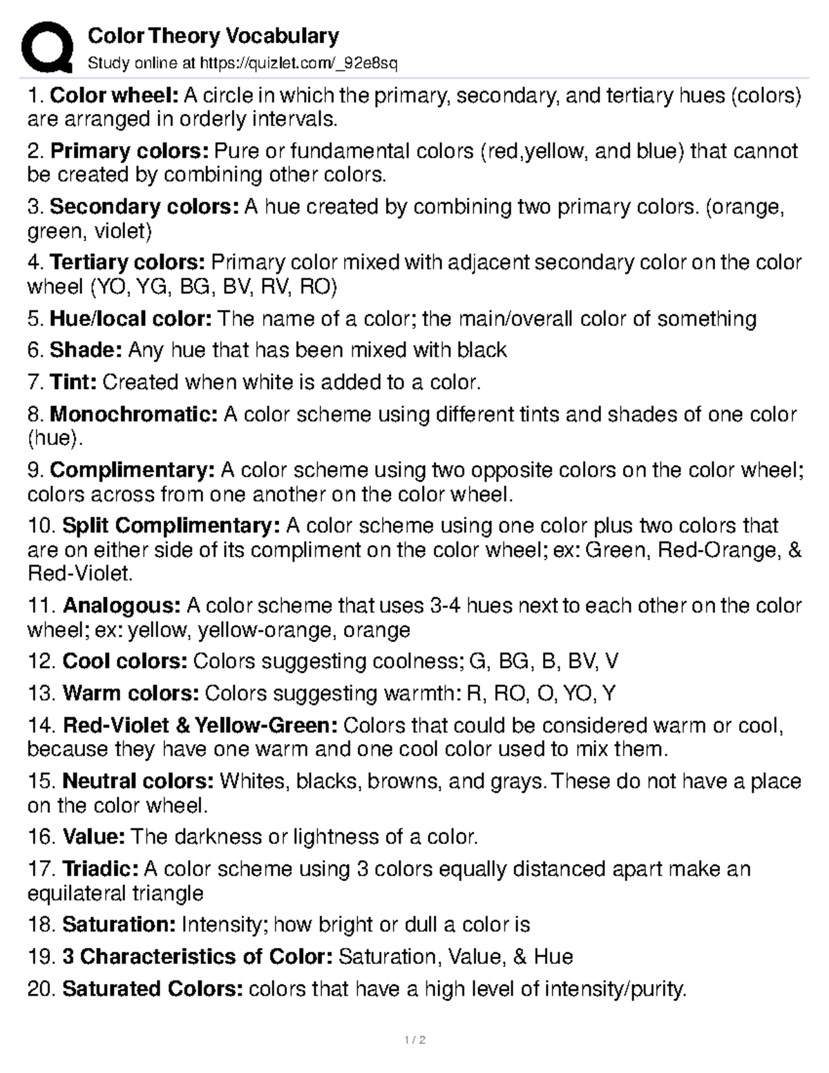 Color Theory Vocabulary Guide (ART101) for Understanding Color Terms ...