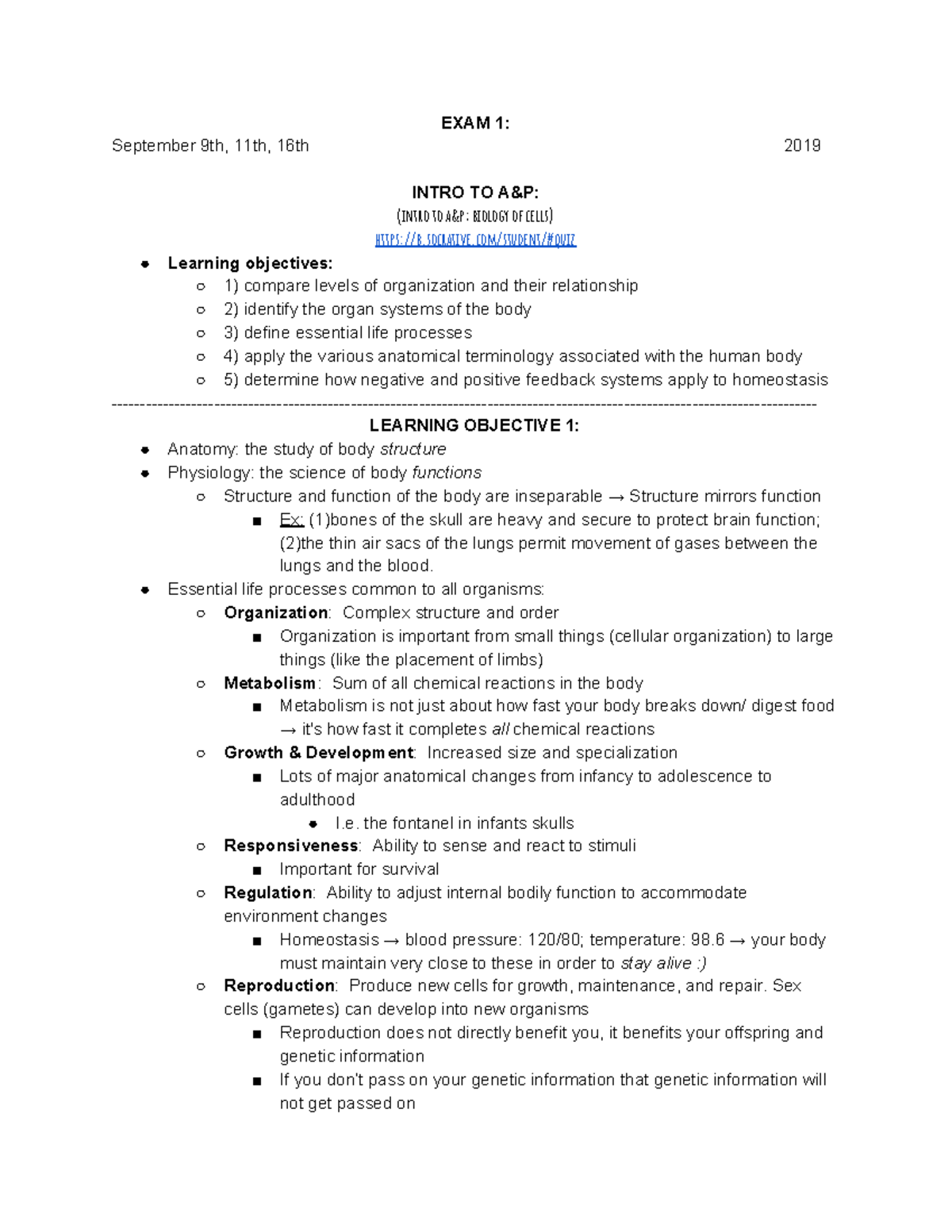 A&P I Notes (cumulative) - EXAM 1: September 9th, 11th, 16th 2019 INTRO ...