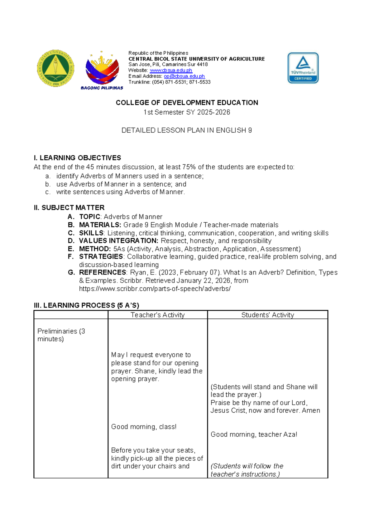 Detailed Lesson Plan on Adverbs of Manner for English 9 - Studocu