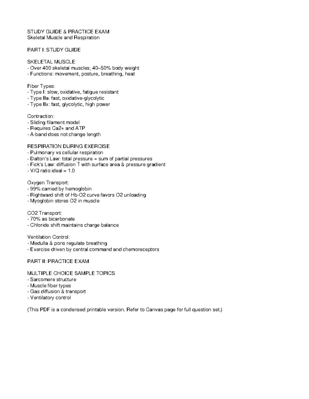 STUDY GUIDE PRACTICE EXAM: Skeletal Muscle & Respiration (Part I) - Studocu