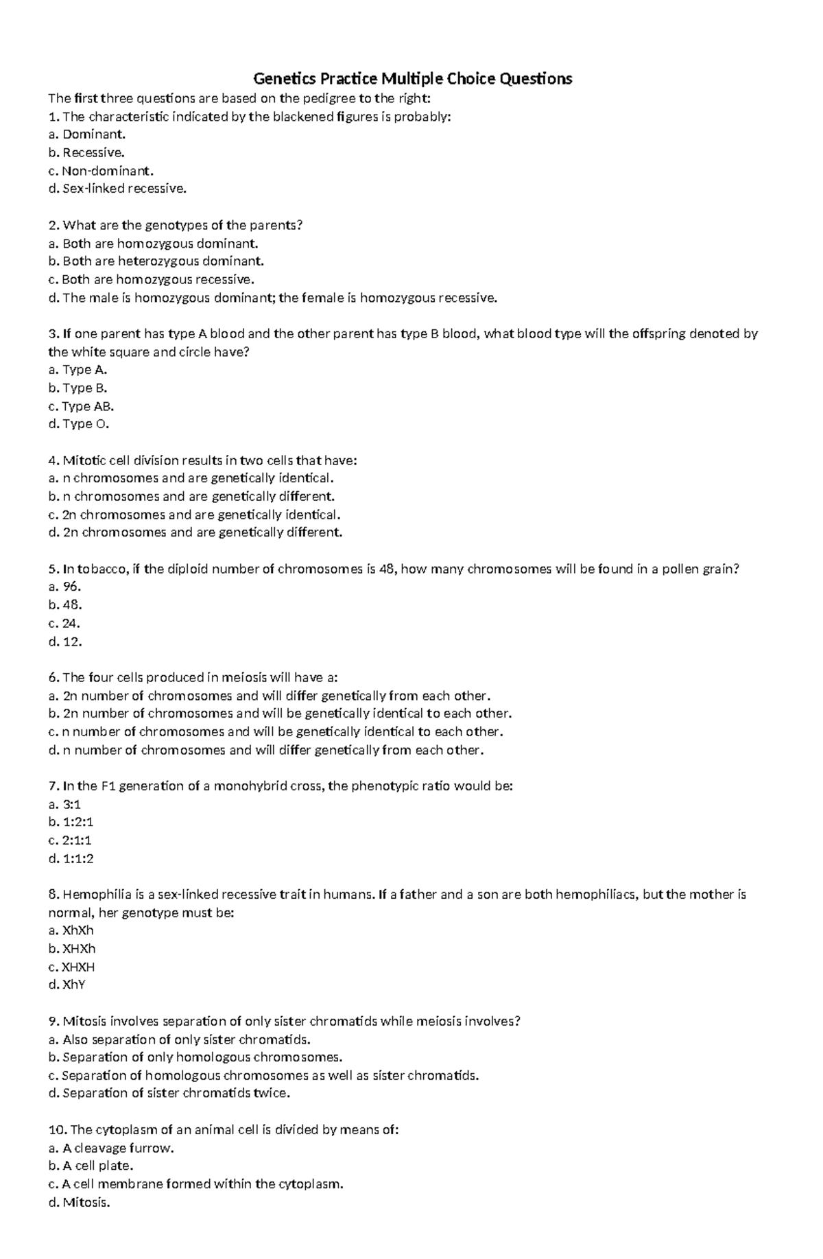 Genetics - MCQ Practice Questions for Final Review - Studocu