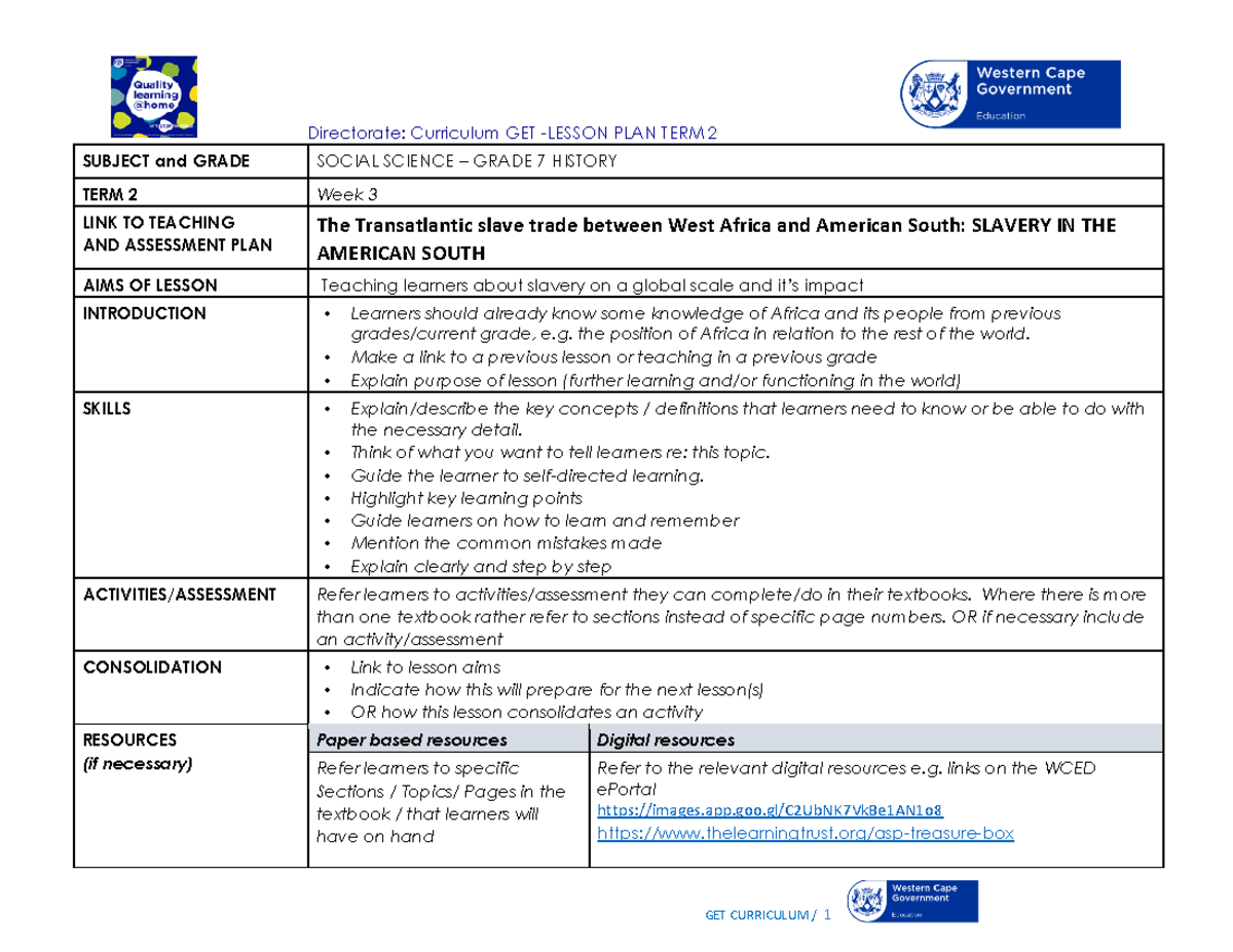 Grade 7 Social Science History Lesson Plan: Slavery in the American ...