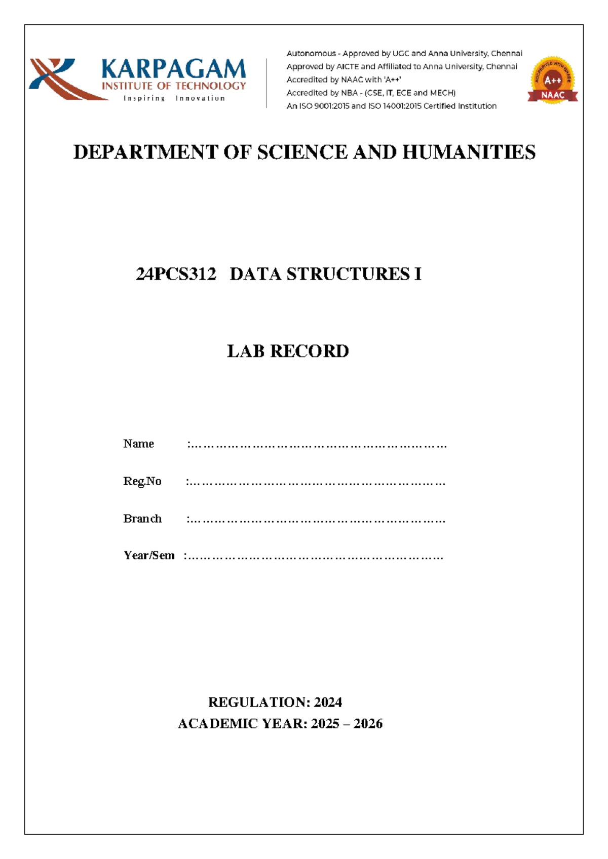 24PCS312 Data Structures I Lab Record - Implementation of ADTs - Studocu