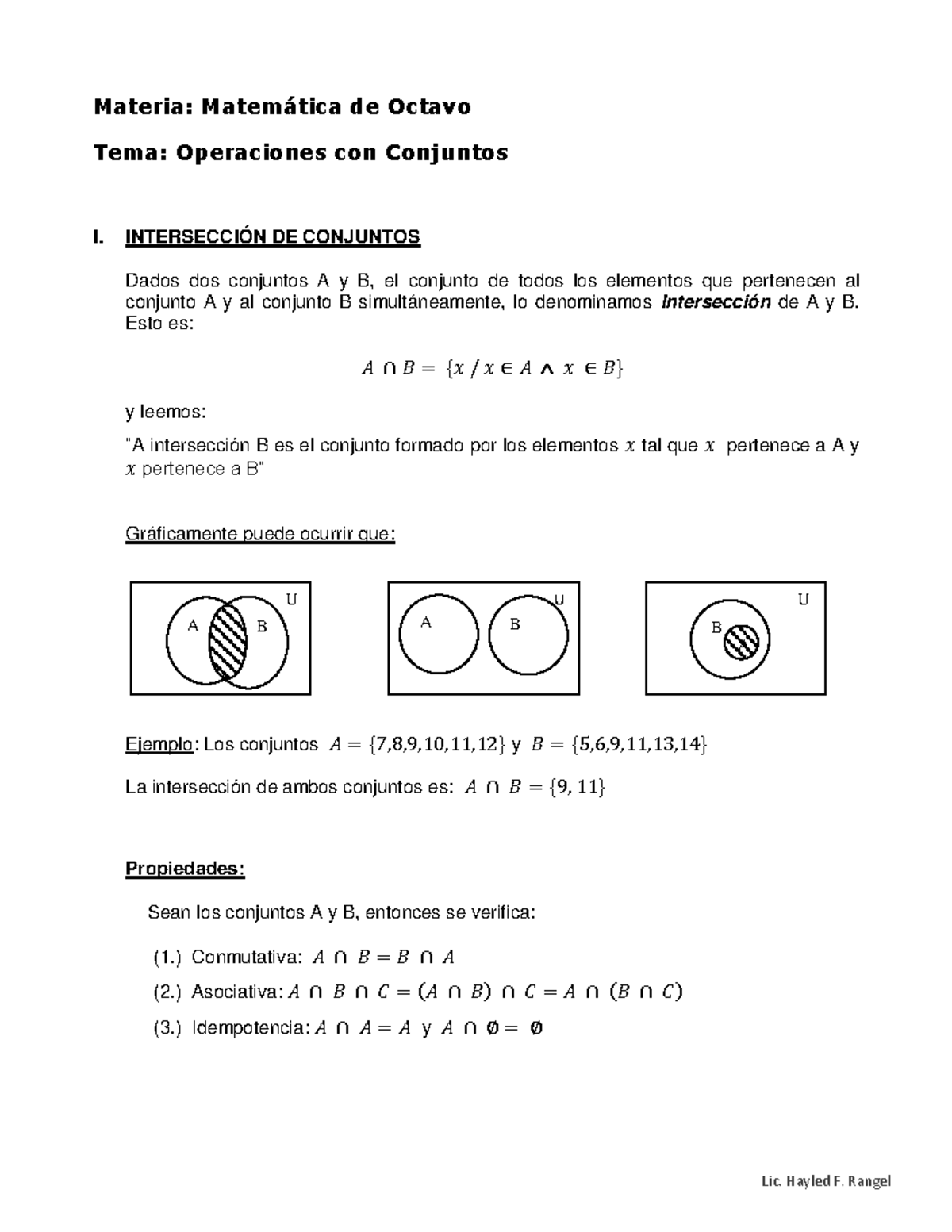 Operaciones con Conjuntos I - Matemática de Octavo - Studocu