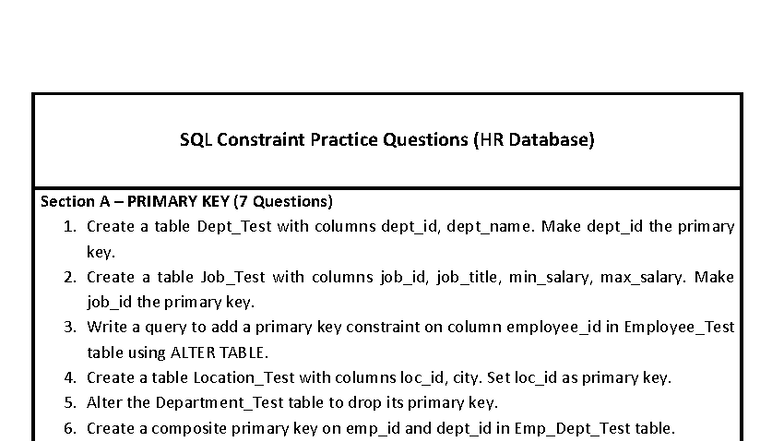 DBMS Constraints Assignment-4: SQL Practice Questions on Keys and Constraints - Studocu