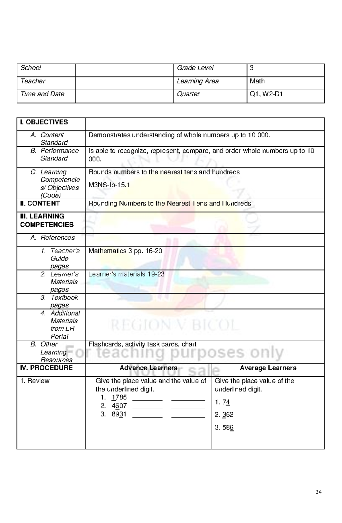 Math 3 Q1 Lesson Plan: Rounding Numbers & Comparing Values - Studocu