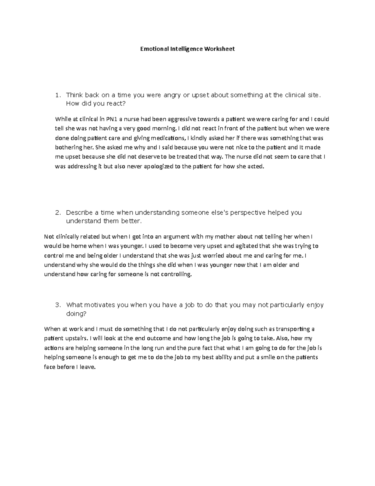 Emotional Intelligence Worksheet (PN1) - Week 2 Reflection and Insights ...