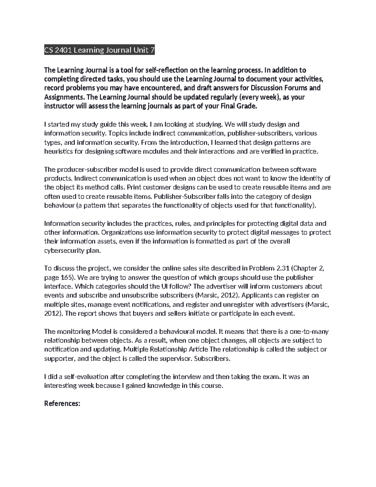 CS 2401 Learning Journal: Insights from Unit 7 on Design & Security ...