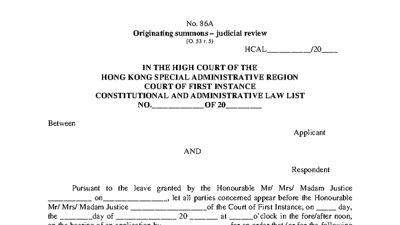 Cap. 4A Form 86A - Judicial Review Originating Summons - Studocu