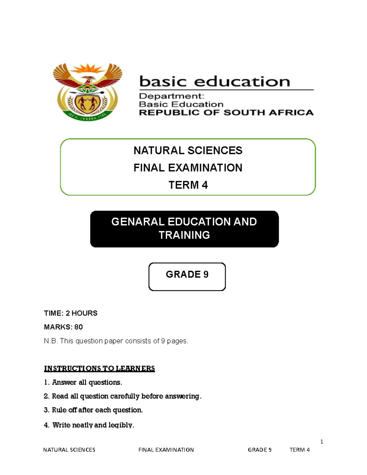 NATURAL SCIENCES FINAL EXAM GRADE 9 TERM 4 QUESTION PAPER - Studocu