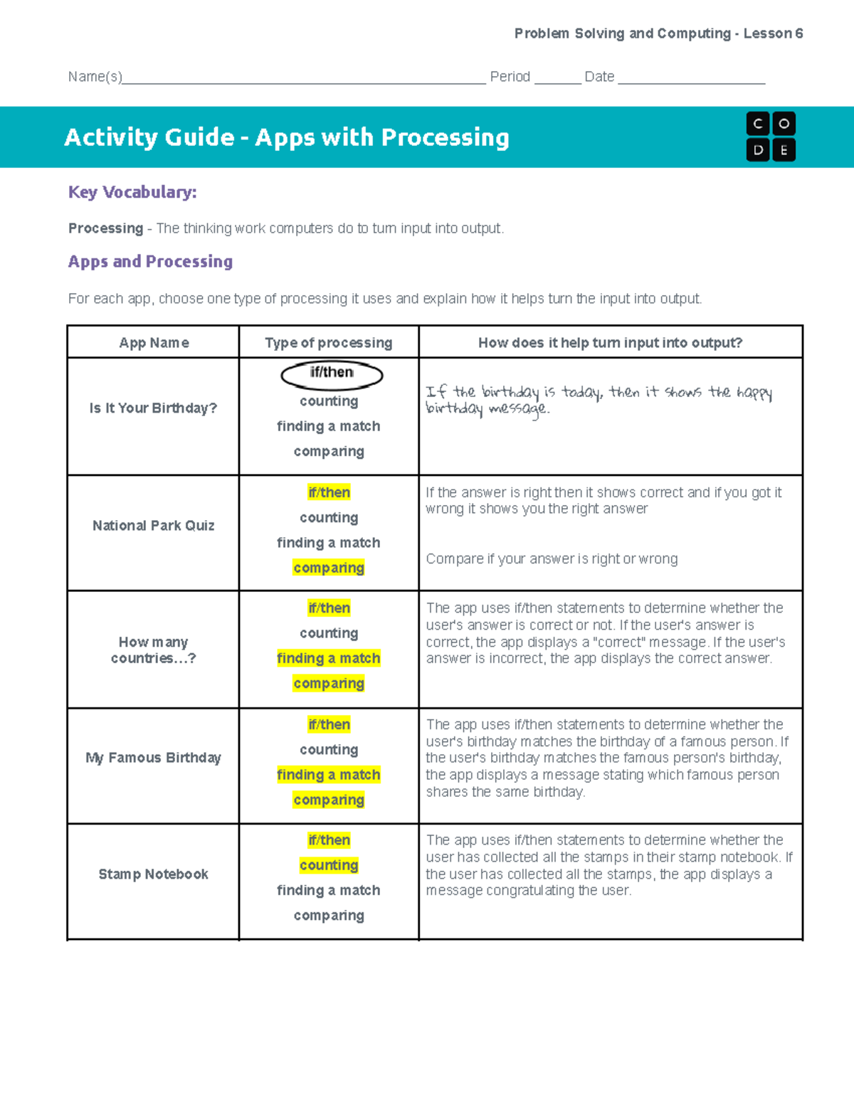 KB Activity Guide - Apps & Processing - Lesson 6 - Studocu