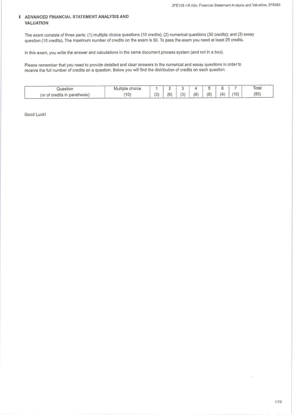 2FE108 mfl Final Exam: Advanced Financial Statement Analysis ...