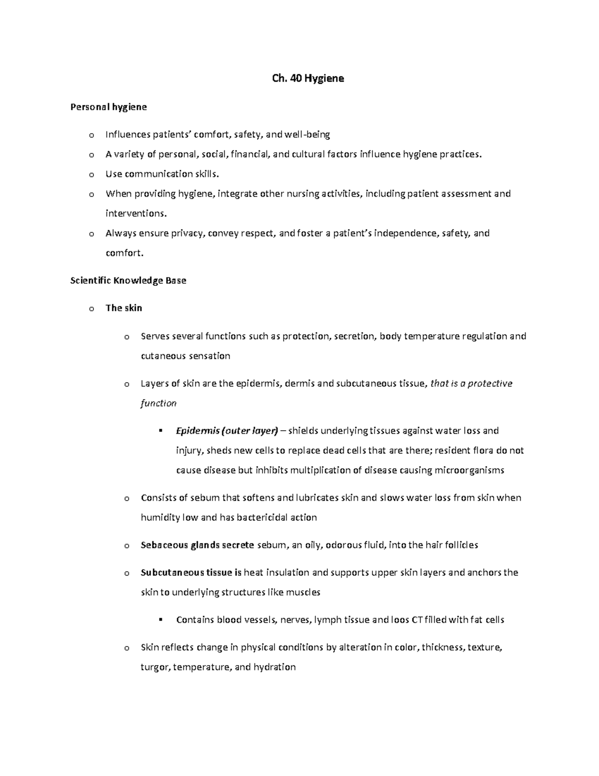 Ch.40 hygiene - note taken. - Ch. 40 Hygiene Personal hygiene o ...