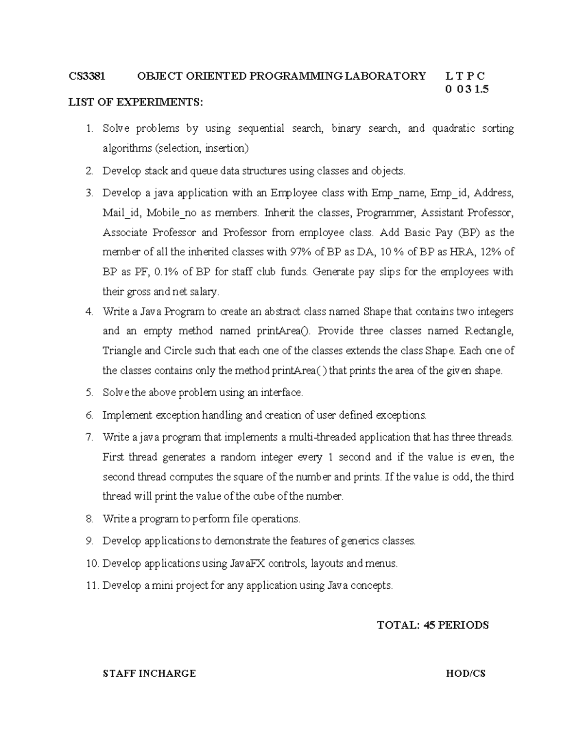 CS3381 OOPS LAB: LIST OF EXPERIMENTS AND SYLLABUS DETAILS - Studocu
