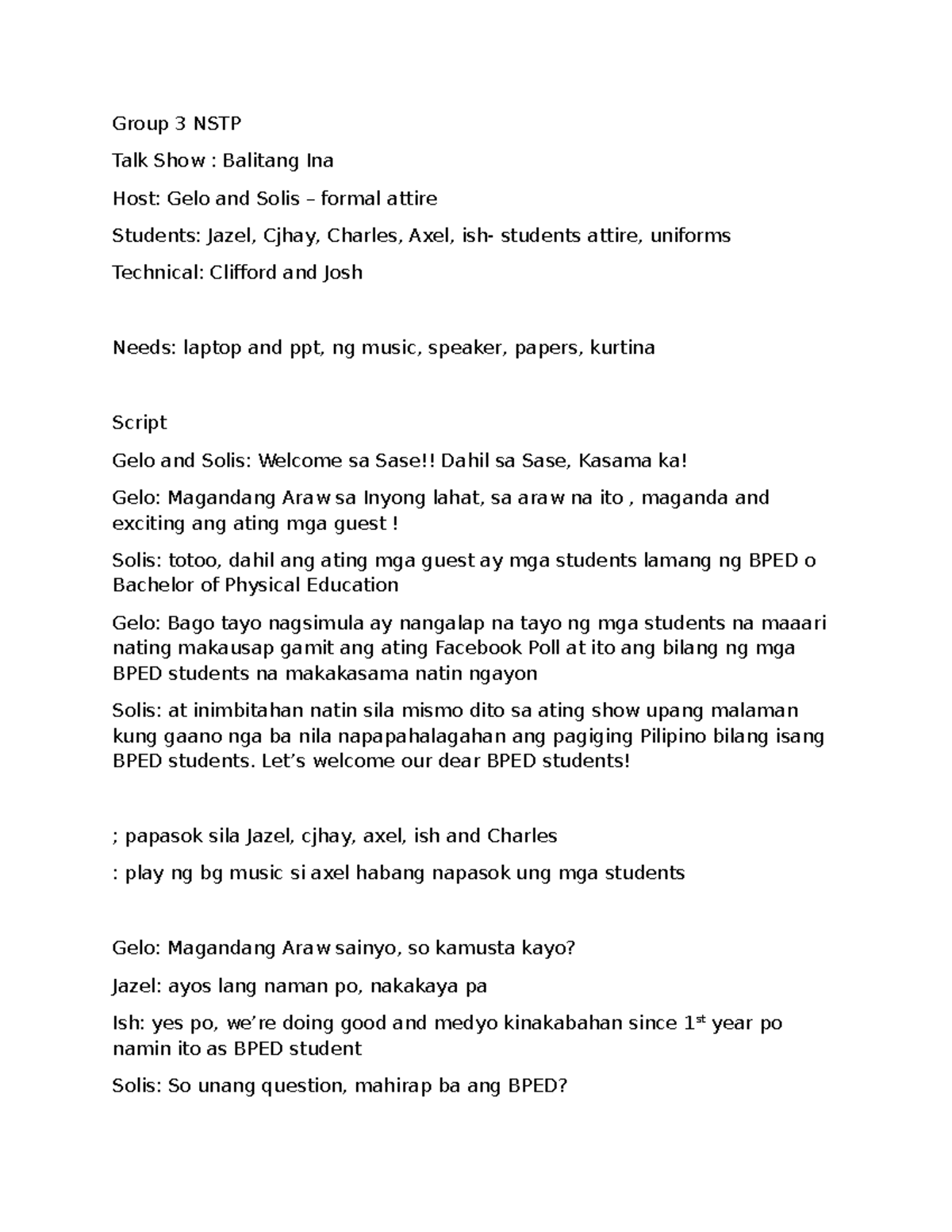 Script for NSTP Talk Show "Balitang Ina" - Group 3 Production - Studocu