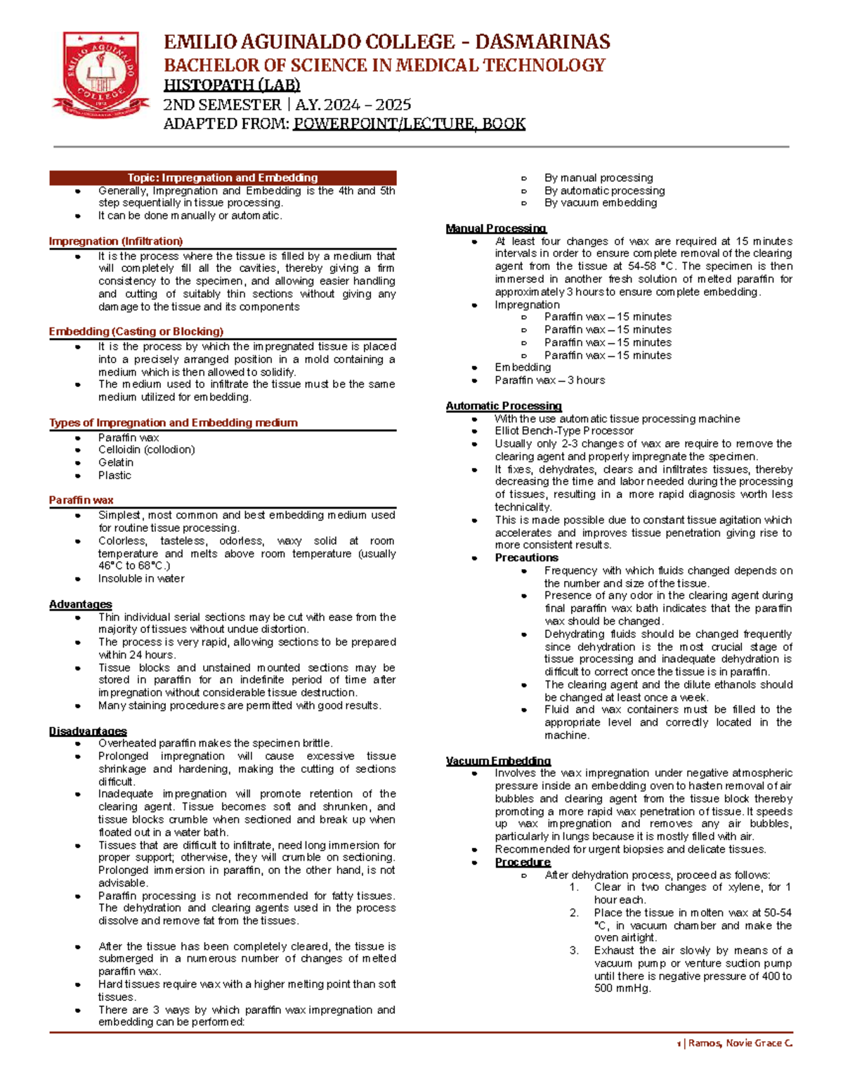 HISTOPATH (LAB) - IMPREGNATION AND EMBEDDING TECHNIQUES A.Y. 2024-2025 ...