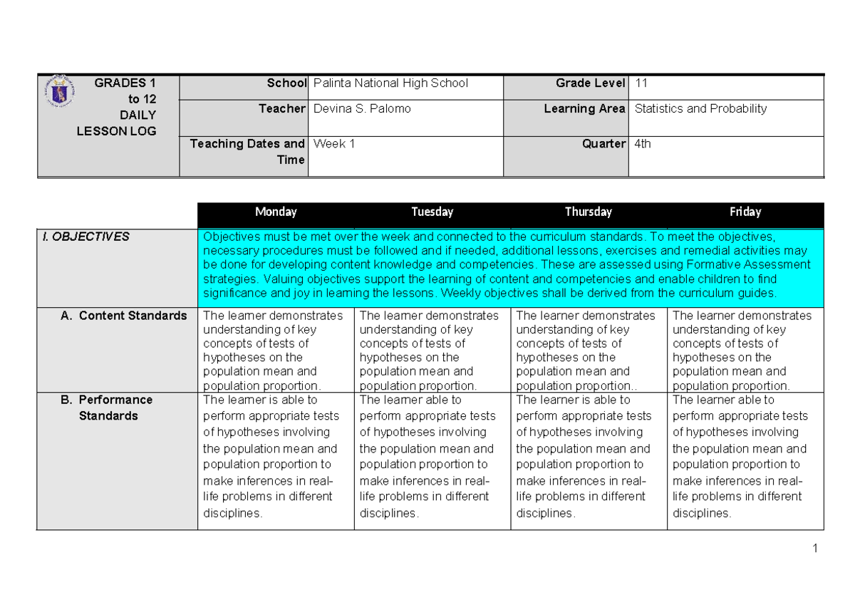 Q4. WEEK 1 - Daily Lesson Plan for Statistics & Probability (Grades 11 ...