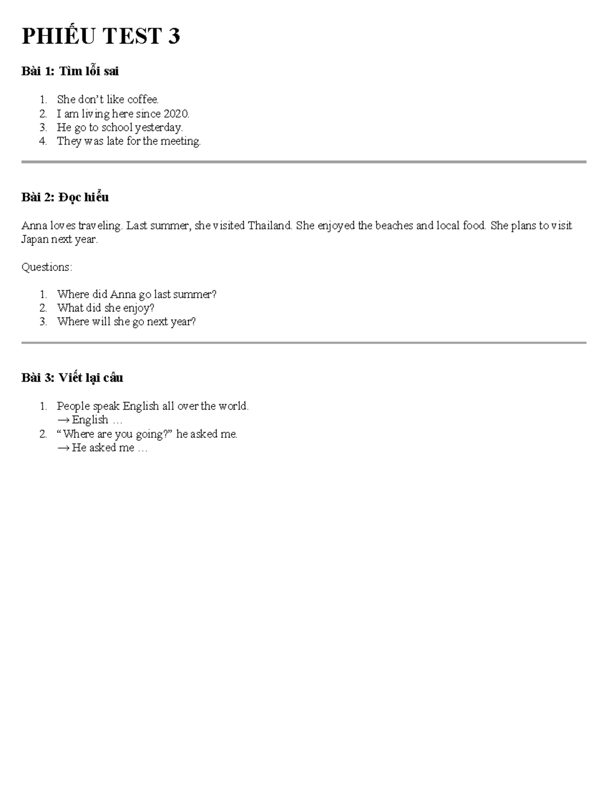 English 6 - Test 3: Bài Tập Tìm Lỗi và Đọc Hiểu - Studocu