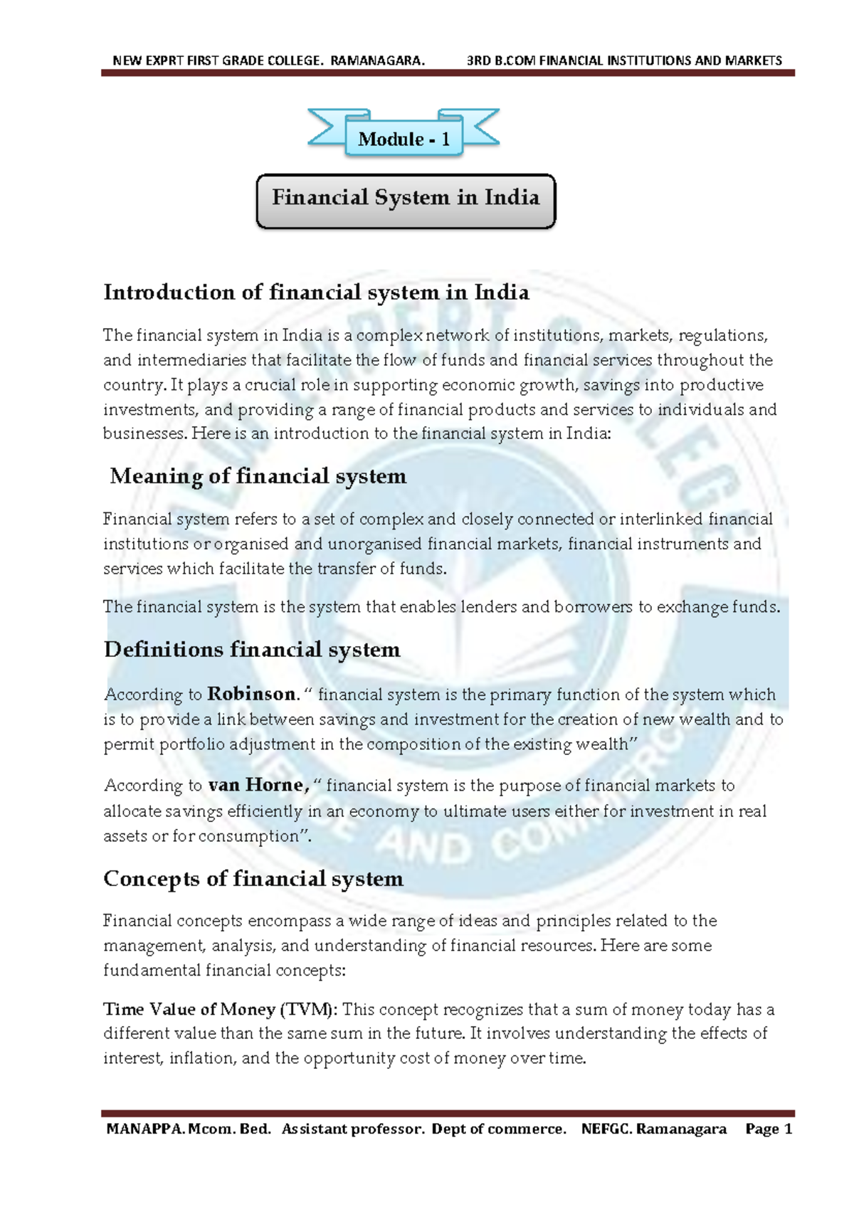 3RD B.COM I FIM: Financial System in India Overview and Insights - Studocu