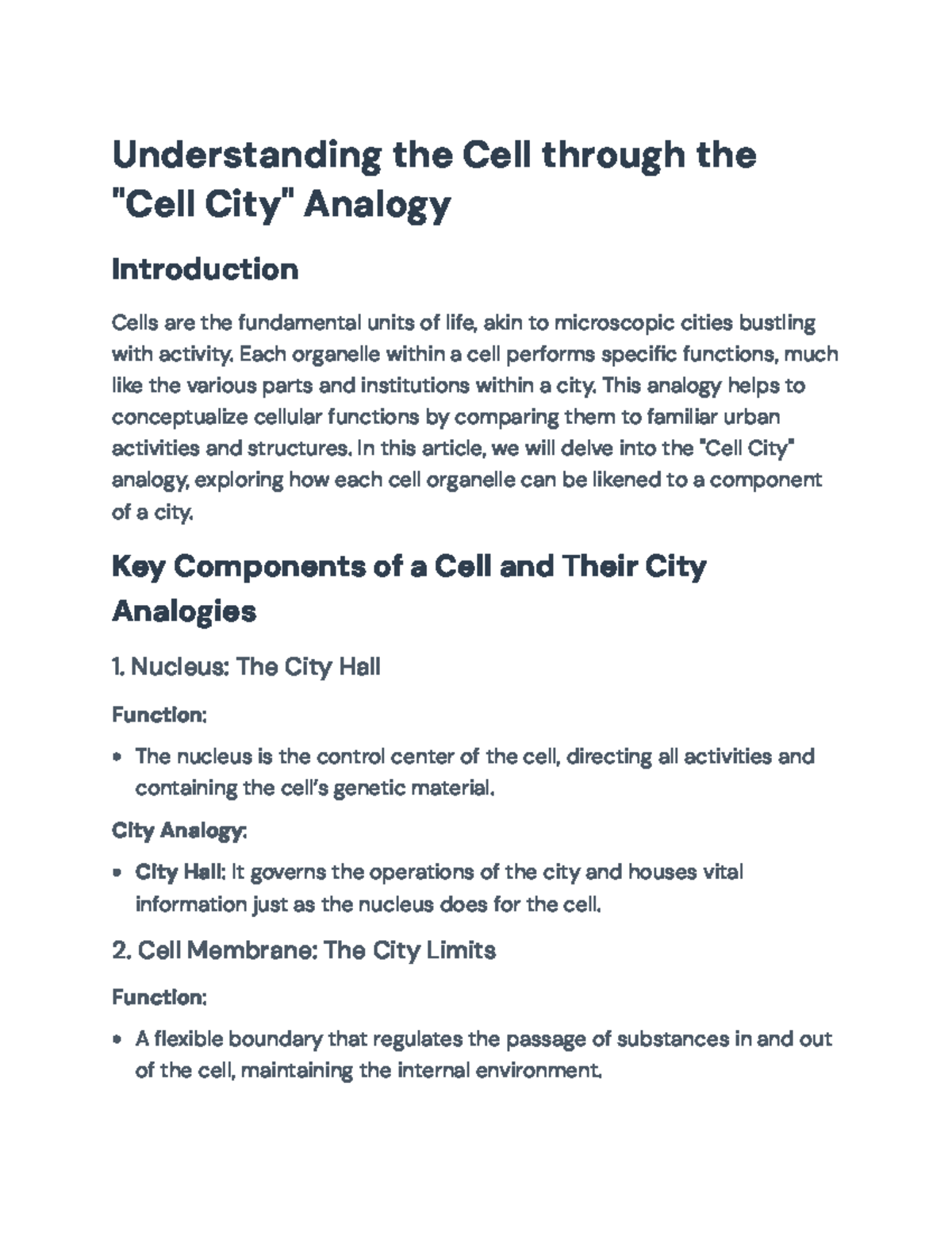 Understanding Cellular Functions: The "Cell City" Analogy Study Guide ...