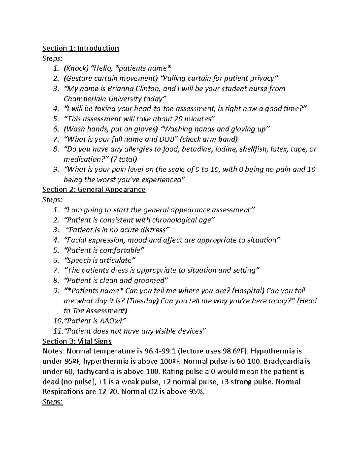 Head-to-Toe Script - Section 1: Introduction Steps: 1. (Knock) “Hello ...
