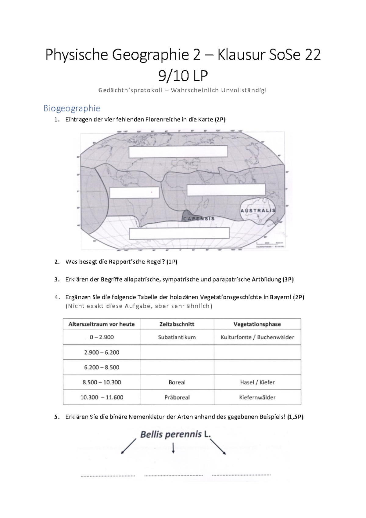 Physische Geographie 2 Klausur SoSe 22 LP - Altklausur und ...