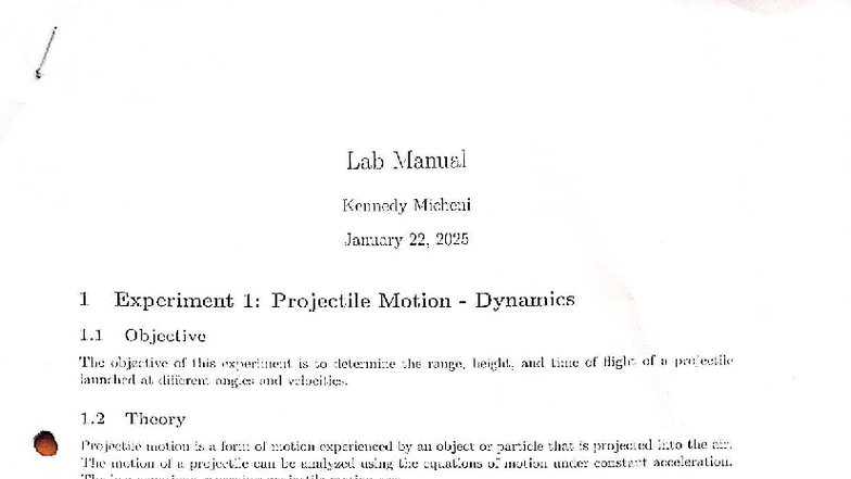 Eng Mechanics - Dynamics Lab Manual: Experiment 1 on Projectile Motion ...