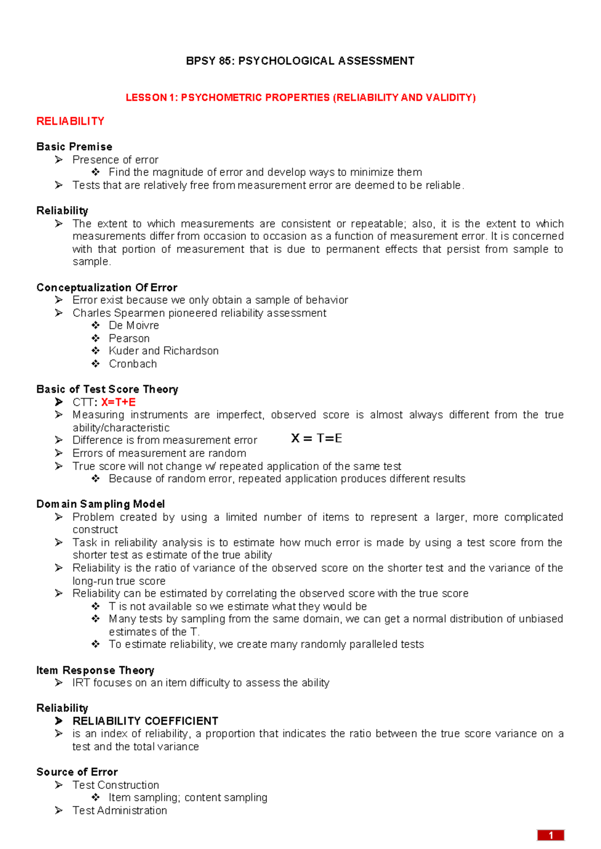BPSY 85: Psychological Assessment - Lesson 1 on Reliability & Validity ...