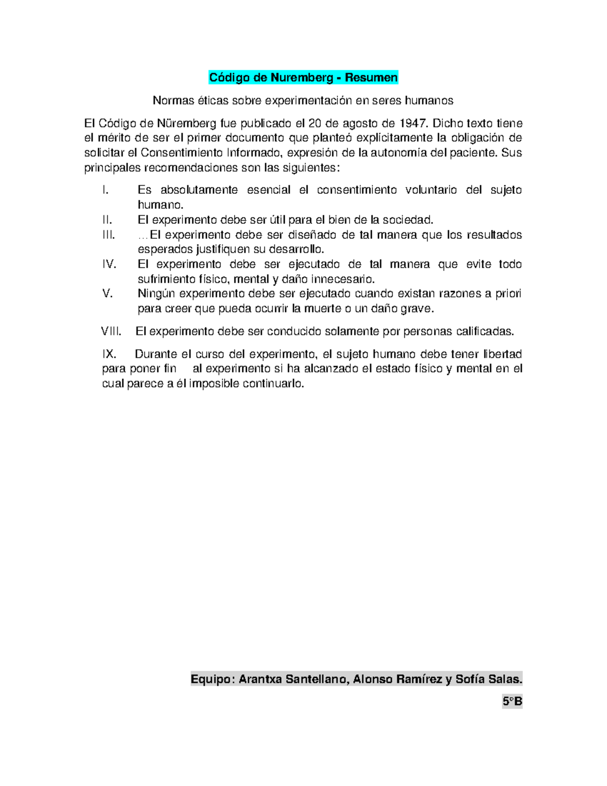 Resumen del Código de Nuremberg sobre Experimentación Humana - 5°B ...