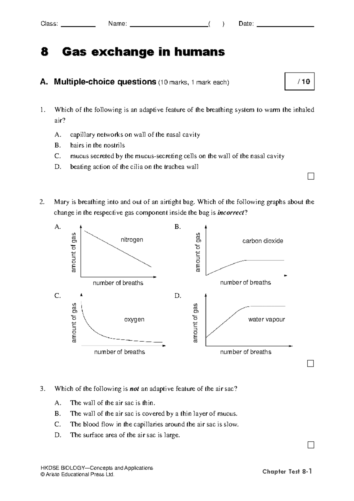HKDSE Biology Chapter Test: Gas Exchange in Humans - Studocu
