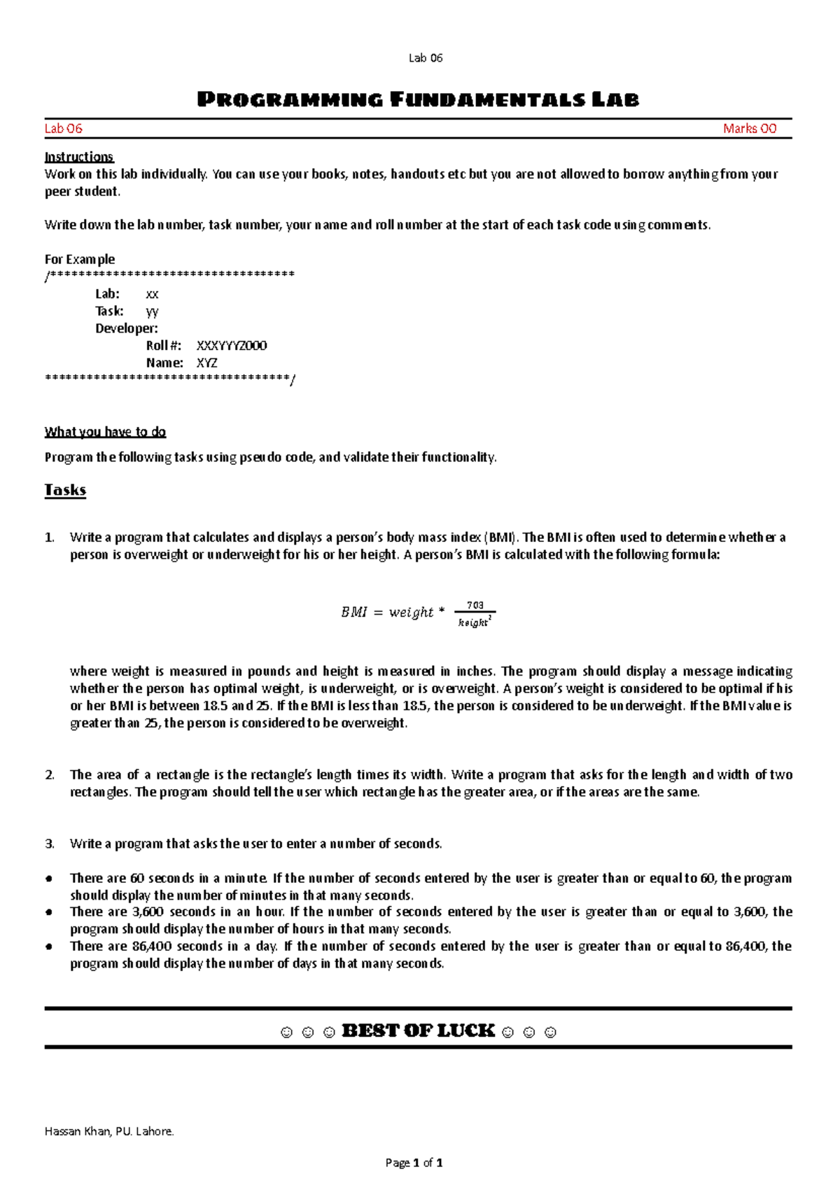 Lab 06 - Programming Fundamentals: BMI & Area Calculations - Studocu