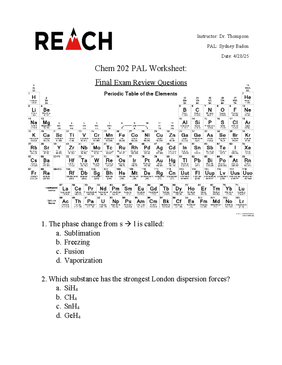 Chem 202 Final Exam Review Worksheet: Key Concepts and Questions - Studocu