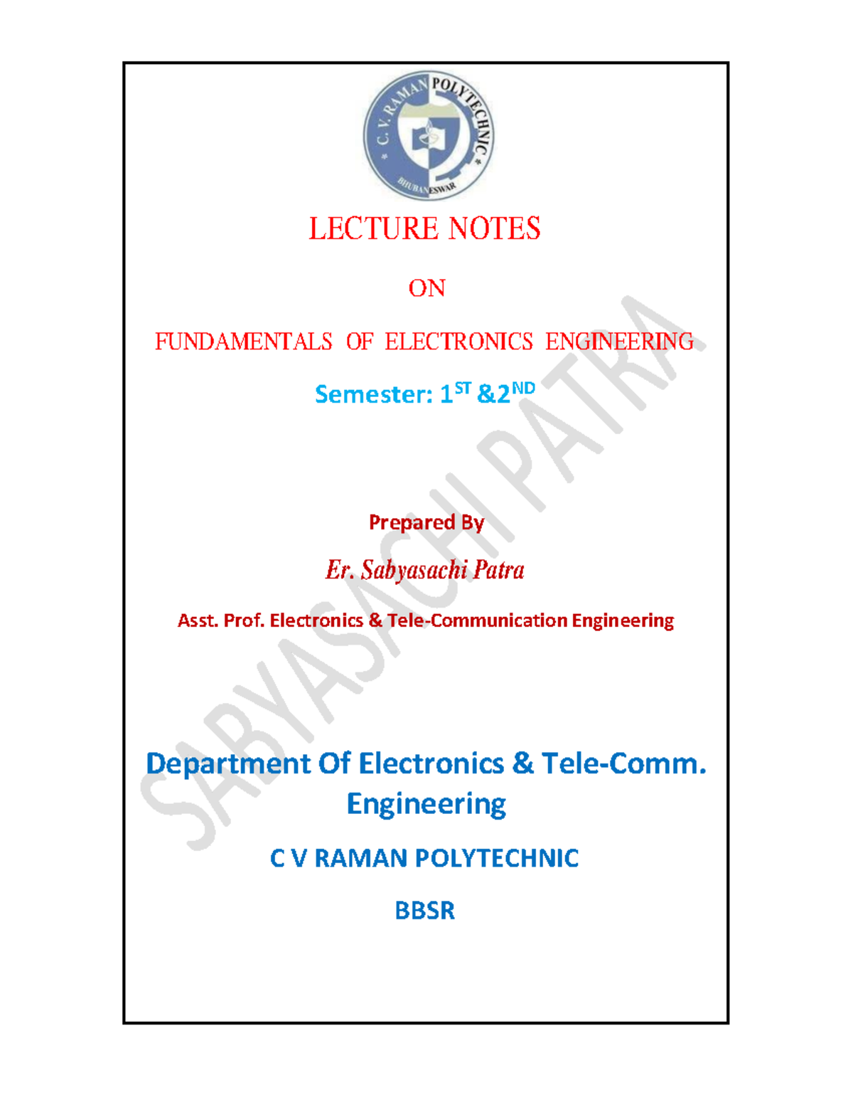 LECTURE NOTES ON FUNDAMENTALS OF ELECTRONICS ENGINEERING (SEM 1) - Studocu