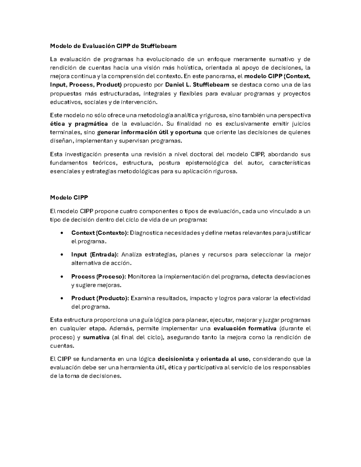 Modelo CIPP de Evaluación de Programas: Análisis y Aplicaciones - Studocu